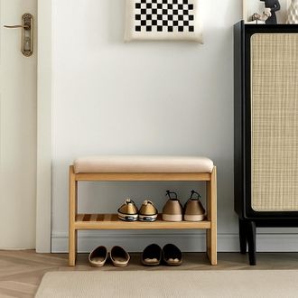 Generic 2-stöckige Schuhbank Aus Massivem Buchenholz Mit Memory Foam-Kissen - Beige Polsterung, Kleine Eingangsbank for Den Eingang Zur Haustür(Natural Oak)