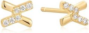 Ania Haie Boucles doreilles Dusk Divas Cross Cubic Zirconia Studs en argent sterling 925 plaqué or 14 carats, serties de 12 zircones, taille : 4,7 x 4,1 mm, emb