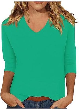 Generic Sale Clearance HUIFUAO Tee Shirt Femme Manche 3/4 Coton Grande Taille Col V Haut été Chemise et Blouses Chic et élégant Tops Basique Tunique (A02 Mint