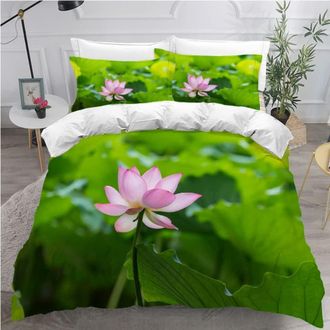 Generic Bettw&auml;sche 140x200 cm Lotusblume 3 Teilig Bettbezug 140 x 200 Gr&uuml;Nes Lotusblatt Bettw&auml;sche-Sets 3D Weiche Mikrofaser Bettbezug Set mit Rei&szlig;verschluss 
