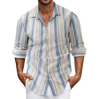 Generic Chemise Henley en coton et lin pour homme - Style d&eacute;contract&eacute; et tendance - Revers &agrave; rayures - Manches longues - L&eacute;ger, bleu, XXL