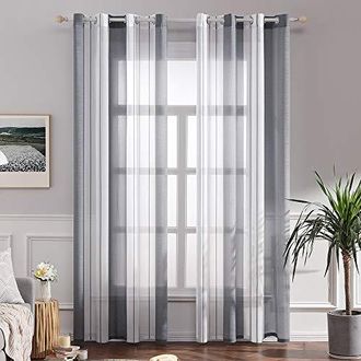 Miulee Rideaux Voilage à Rayures Blancs et Gris, Voilages Intérieurs avec Oeillets, Beaux Voile Rideau Voilage Fenetre Chambre, Lot de 2 Transparent Rideaux 