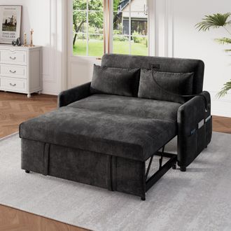 Merax Schlafsofa Ausziehbar 2-Sitzer Klappbares Sofa mit Schlaffunktion, verstellbare Rückenlehne, 2 Kissen, Seitentaschen, Handyhalter, USB-Ladeanschluss, 