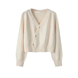 Generic Cardigan dhiver en tricot &agrave; manches longues pour femme avec boutons et col en V, beige, Taille Unique