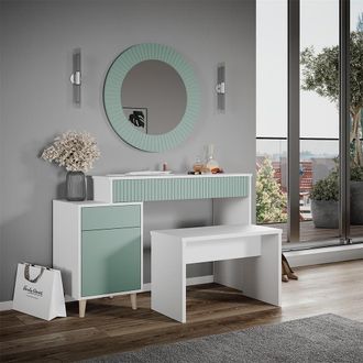 Vicco Schminktisch Grün Arles 120x77.2x40 cm - Frisiertisch, Runder Spiegel für volle, klare Sicht bei jeder Beauty-Routine