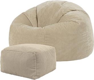 Icon Brand Kingston Sitzsack mit Hocker Cord, Beige, Sitzsack Erwachsene mit F&uuml;llung, Bean Bag, Cord Sessel, Lounge Sessel, Lounge Stuhl, Schlafzimmer, Wohnzimme
