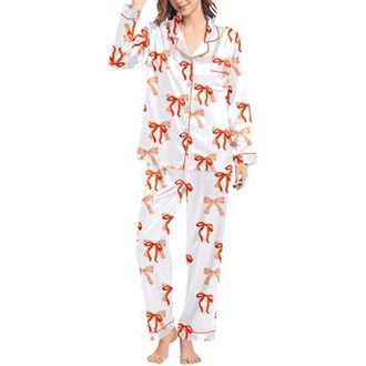 Generic Pyjama &agrave; manches longues en soie pour femme avec noeud imprim&eacute; 2026, Rouge, XXL