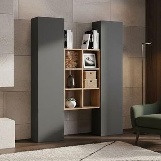 Dmora Kommode Franco, Wohnzimmer-Set mit 2 T&uuml;ren und Regalen, Wohnzimmer-Buffet, K&uuml;chen-Sideboard, 100% Made in Italy, 140 x 30 x 180 cm, Anthrazit und Ahor