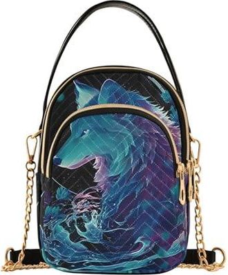Mnsruu Sac à bandoulière pour femme avec motif loup, galaxie, loup, holographique, bleu, sac à main avec sangle réglable