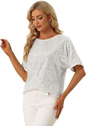 Allegra K Blouses à Paillettes Femmes Métalliques Col Rond Manches Courtes Haut Brillant de Soirée T-Shirts Scintillants Argent XS