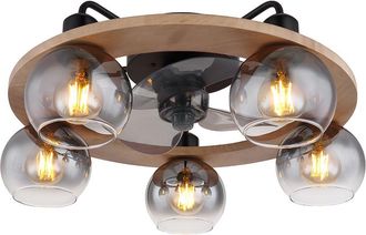 Globo Lighting Deckenventilator mit Fernbedienung Deckenleuchte Holz Ventilator Ventilatorlampe Retro Rauchglas, Metall Glas, 5x E27, DxH 55x21,5 cm