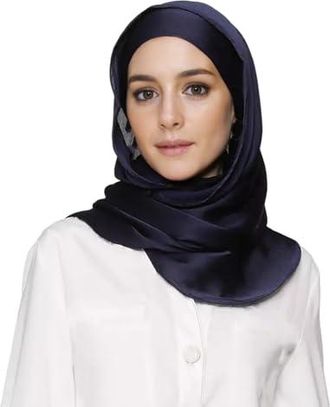 Lina & Lily Foulard hijab en satin pour femmes musulmanes, aspect froiss&eacute;, bleu marine, taille unique