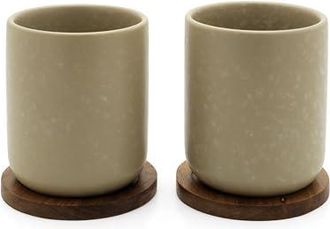 Bredemeijer Teebecher Set 2-teilig beige aus Keramik - Steingut Tassen je 200 ml & Holzuntersetzer