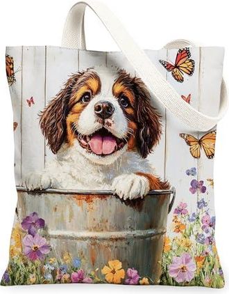 Generic Sac fourre-tout en toile motif chien du printemps Saint-Bernard 33 x 38 cm, mignon sac &agrave; bandouli&egrave;re r&eacute;utilisable en bois de fleur rustique pour femme