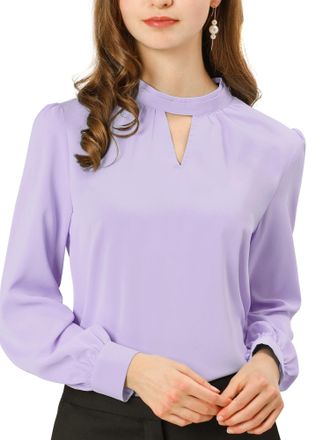 Allegra K Damen B&uuml;ro Oberteil Langarm V-Ausschnitt Stehkragen Cut Out Elegante Top Bluse Helles Lila 3XL