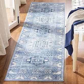 Safavieh Stammes-inspiriert Teppich für Wohnzimmer, Esszimmer, Schlafzimmer - Kazak Collection, Kurzer Flor, Blau und Grau, 61 X 244 cm