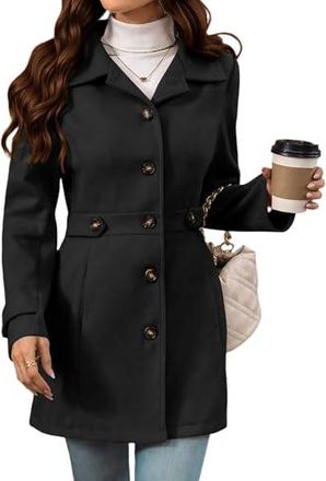 Generic Trench &agrave; simple boutonnage pour femme - Longueur mi-longue - V&ecirc;tement dext&eacute;rieur habill&eacute; - Revers crant&eacute; - Automne et hiver - Caban, Noir, XXL