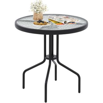 Costway Costway - Table Bistro Ronde de Patio 70 cm, avec Structure M&eacute;tallique Robuste et Plateau en Verre Tremp&eacute; Ondul&eacute;, avec Trou de Parasol