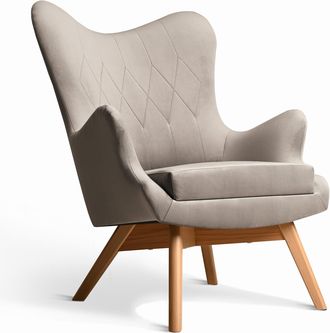 MG Design Ohrensessel aus Samt in Beige - Bequemer Polstersessel mit Holzbeinen, hoher R&uuml;ckenlehne & weichem Samtbezug f&uuml;r Wohnzimmer oder Schlafzimme