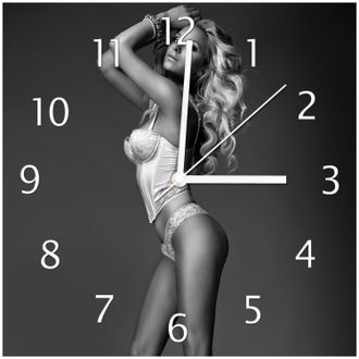 Wallario Design-Wanduhr Sexy Beine - Blondine mit Langen Beinen in Unterw&auml;sche aus Glas, Motiv-Uhr Gr&ouml;&szlig;e 30 x 30 cm, wei&szlig;e Zeiger