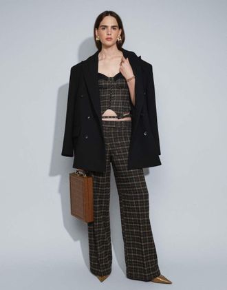 AFRM Cove pantalon droit en m&eacute;lange de laine, taille haute, asym&eacute;trique, d&eacute;tail ceinture, ensemble coordonn&eacute; &agrave; carreaux anthracite-Gris