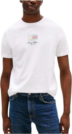 Tommy Hilfiger Homme, Tops, Blanc, Taille: M T-shirt imprim&eacute; en coton avec col rond