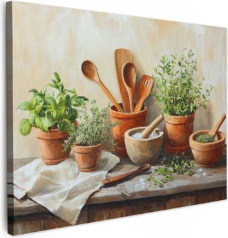 MuchoWow © Leinwandbild 70x50 cm Dekoration Wohnzimmer Bilder Pictures Wall Decoration Living Room Wohnungs Deko Moderne Bild Töpfe - Kräuter - Holz