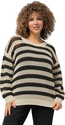 Ulla Popken Femme Grandes Tailles Pull en Maille Crochet Oversized &agrave; Rayures, col Rond et Manches Longues Vanille 46+ 828998150-46+
