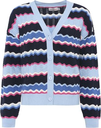 Zwillingsherz Damen Strickjacke, Maritim Streifen-Wellen Design, Regular Fit, V-Ausschnitt, Baumwolle rosa und blau