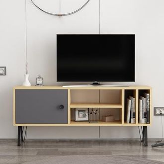 Hanah Home Stylish TV Unit, Oak & Anthracite, 120 x 25 x 51.6 cm | 100% Melamine Coated Particle Board, 18 mm Thick | Wall-Mountable with Multiple Shelves