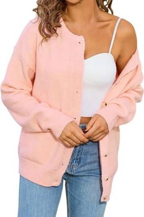 Generic 2026 - Vestes cardigans pour femmes &agrave; col roul&eacute; boutonn&eacute; &agrave; manches longues en tricot chaud, rose, XL
