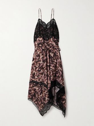 Dries Van Noten Robe Midi Asym&eacute;trique En Mousseline Imprim&eacute;e &Agrave; Finitions En Dentelle - Marron