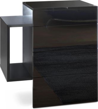 Vladon Nachttisch Queens, Made in Germany, Nachttischschrank mit 2 Schubladen und 1 seitlichem Fach zur Wandmontage, Schwarz matt/Schwarz Hochglanz, inkl. LE