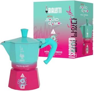 Bialetti Moka Express Squid Game© 3 Tassen, Verbrühungssicherer Griff, Nicht für Induktion geeignet, 130 ml, Aluminium