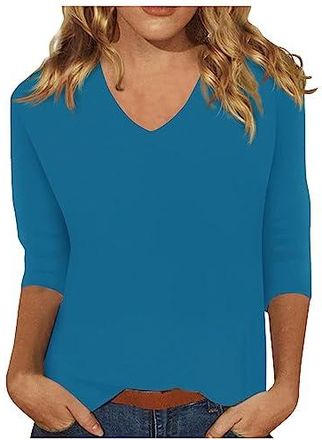 Generic Chemisier uni à manches courtes pour femme - Haut dété à manches 3/4 - Solide - Pour voyage - Col en V - Coupe ajustée - Manches mi-longues - Chemisie