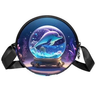 Generic Sac &agrave; bandouli&egrave;re rond pour femme, motif dauphin, boule de cristal, petit sac &agrave; bandouli&egrave;re avec fermeture &eacute;clair, bretelles r&eacute;glables, sac &agrave; main ron