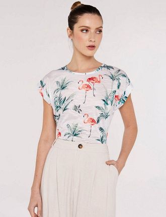 Apricot T-Shirt Flamingo Palms Oasis Slub Top (1-tlg) mit umgeschlagenen Ärmeln