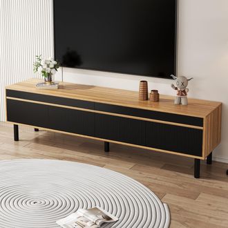 Merax TV-Schrank 170x38x47 cm, mit 4 T&uuml;ren, TV-St&auml;nder mit feiner Streifentextur, TV-M&ouml;bel mit Stauraum und Massivholzbeinen, Schwarz & Holzfarbe