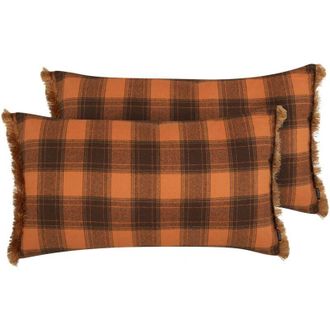 Beliani Beliani - Dekokissen 2er Set Orange und Schwarz Stoff 40 x 70 cm Bezug mit F&uuml;llung Fransen Schottenkaro Kariert Retro-Design Wohnzimmer Schlafzimmer