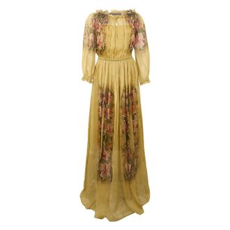 Alberta Ferretti Maxikleid mit R&uuml;schenbesatz und Ballon&auml;rmeln aus Seide - - Dresses - Damen - Gelb - S