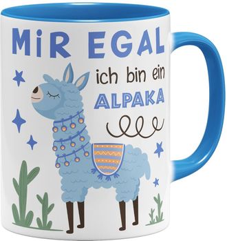 OM3 Mir egal ich bin ein Alpaka Kaffee-Tasse mit Spruch - Spruchtasse Lama-Motiv - Statement - Keramik Becher - 325ml - Beidseitig Bedruckt - Hellblau