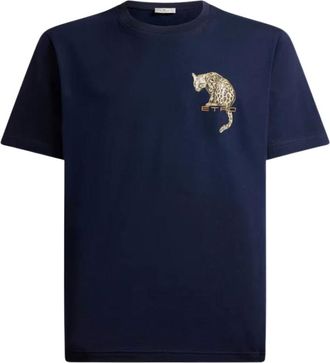 Etro Homme, Tops, Bleu, Taille: S T-shirt en coton avec imprim&eacute; l&eacute;opard et broderie