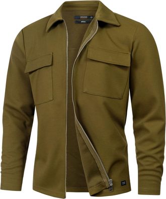 Indicode Herren INNello Zip Shirt Hemdjacke mit Kentkragen und Rei&szlig;verschluss | &Uuml;bergangsjacke Langarmhemd f&uuml;r M&auml;nner Dark Olive, XL