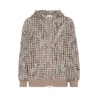 Brunello Cucinelli Femme, Pulls, Brun, Taille: 40 FR Cardigan avec broderie filet ballon