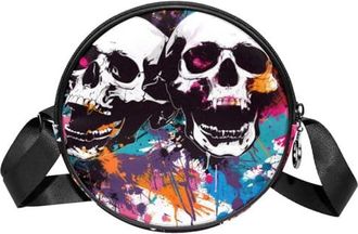 Generic Petit sac &agrave; bandouli&egrave;re circulaire pour femme, motif cr&acirc;nes, petit sac &agrave; dos &agrave; bandouli&egrave;re avec fermeture &eacute;clair, bretelles r&eacute;glables, sac &agrave; main rond