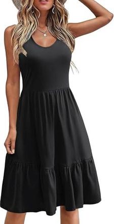 Zeagoo Robe Femme Courte Boho Robe Tunique Col en Rond été Casual Dress avec Deux Poches Noir XXL
