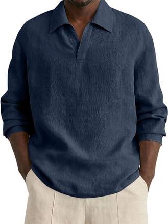 Generic Polo en coton et lin pour homme - Manches longues - Col &agrave; revers - Col en V - Couleur unie - Coupe ample - Costume extensible pour l&eacute;t&eacute;, bleu marine, 