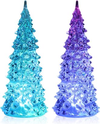 Com-Four 2-teiliges Deko-Tannenbaum-Set aus Acryl mit LED-Licht - tolles Stimmungslicht für Weihnachten - batteriebetriebener Weihnachtsbaum mit Farbwechsel - 