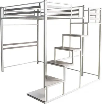 Habitat et Jardin Lit mezzanine en m&eacute;tal avec escalier LENA - 140 x 190 cm - Blanc