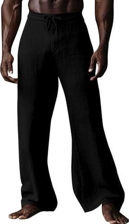Generic Pantalon de plage en lin pour homme - Jambes larges - Cordon de serrage - Pantalon de yoga baggy - Taille &eacute;lastique - Pantalon d&eacute;contract&eacute; - Coupe amp